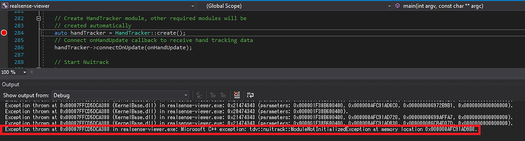 Getting "tdv::nuitrack::ModuleNotInitializedException" in C++ app with Intel RealSense D415 ...